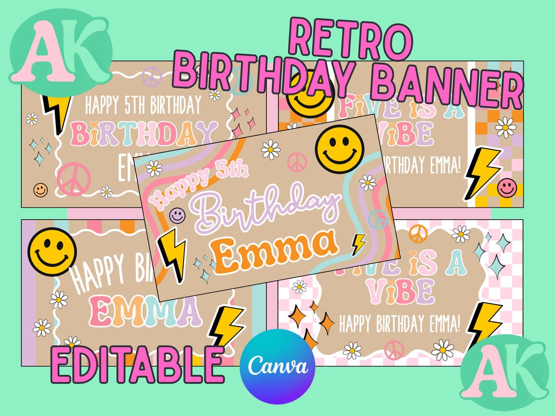 Retro Birthday Banner Templates | Groovy Smiley Face Party (digital ...