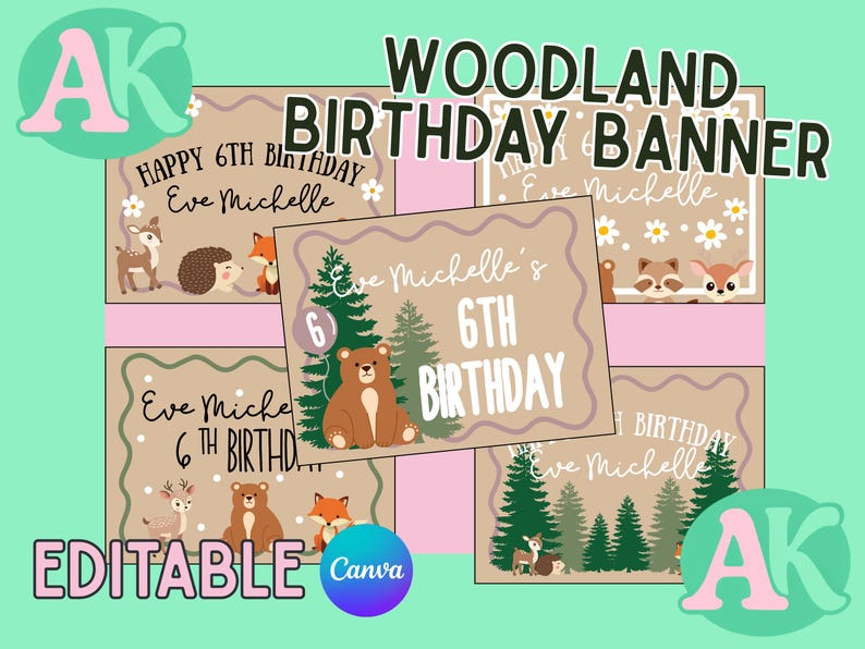 Woodland Birthday Banner Bundle | 5 Canva Mockups | Forest Animal Party ...