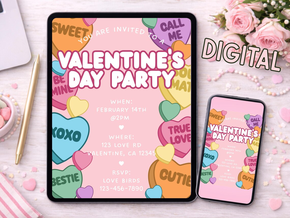 Valentine’s Day Party Invitation | Conversation Hearts Editable Canva ...