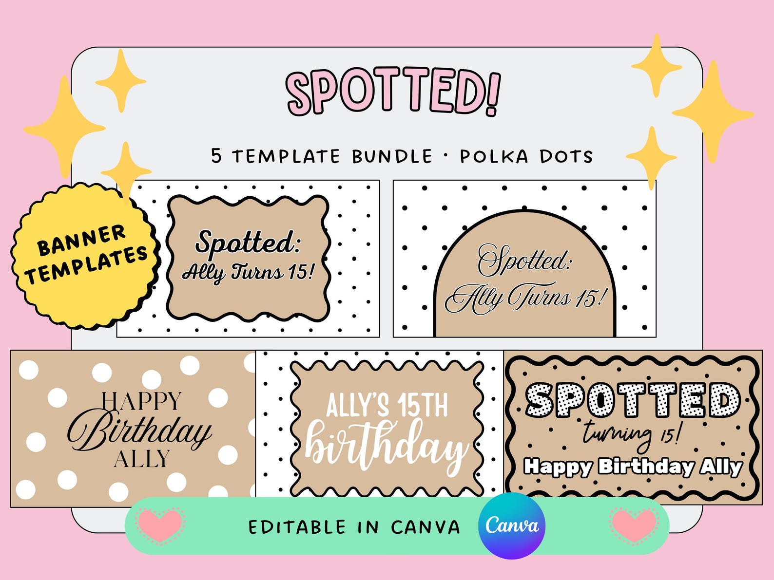 Spotted Birthday Banner Bundle | Polka Dot Teen Party Decor | Canva ...