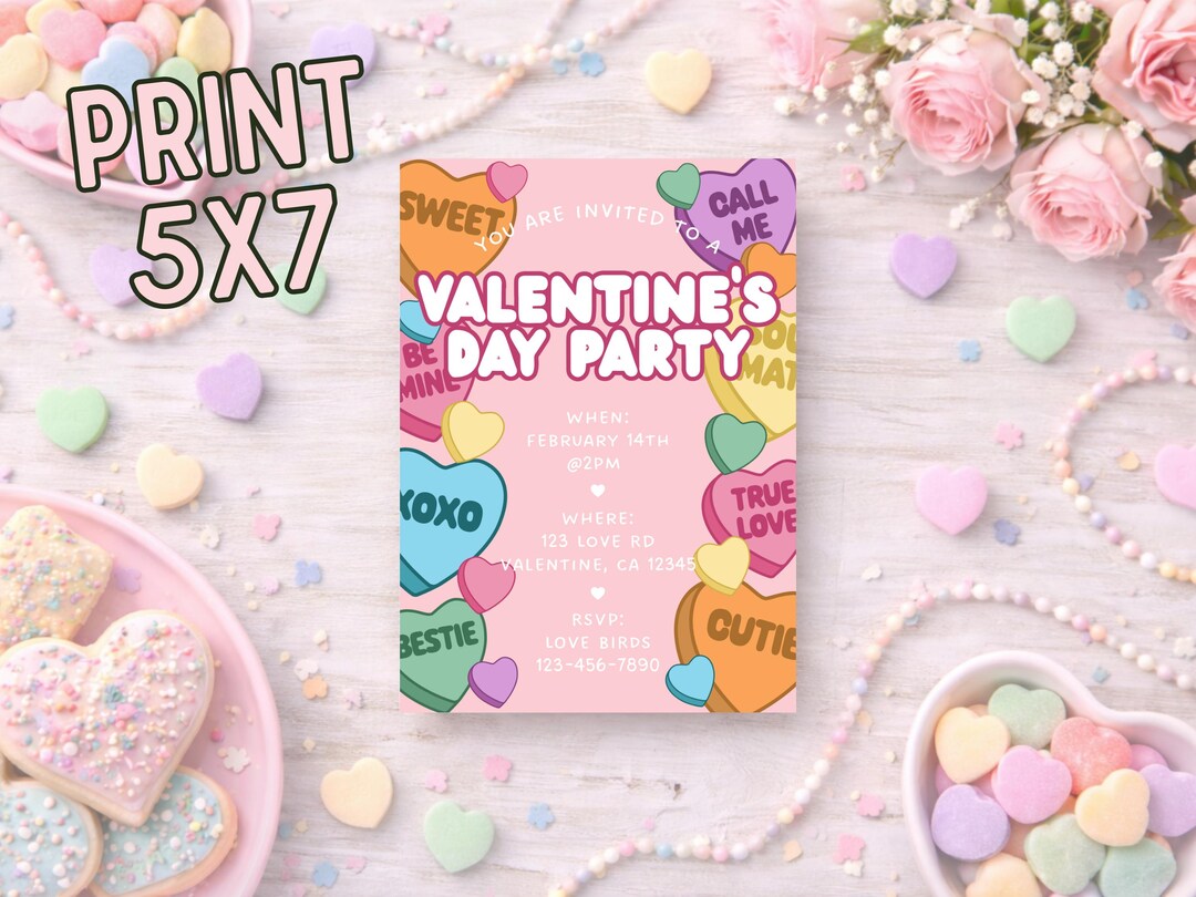 Valentine’s Day Party Invitation | Conversation Hearts Editable Canva ...