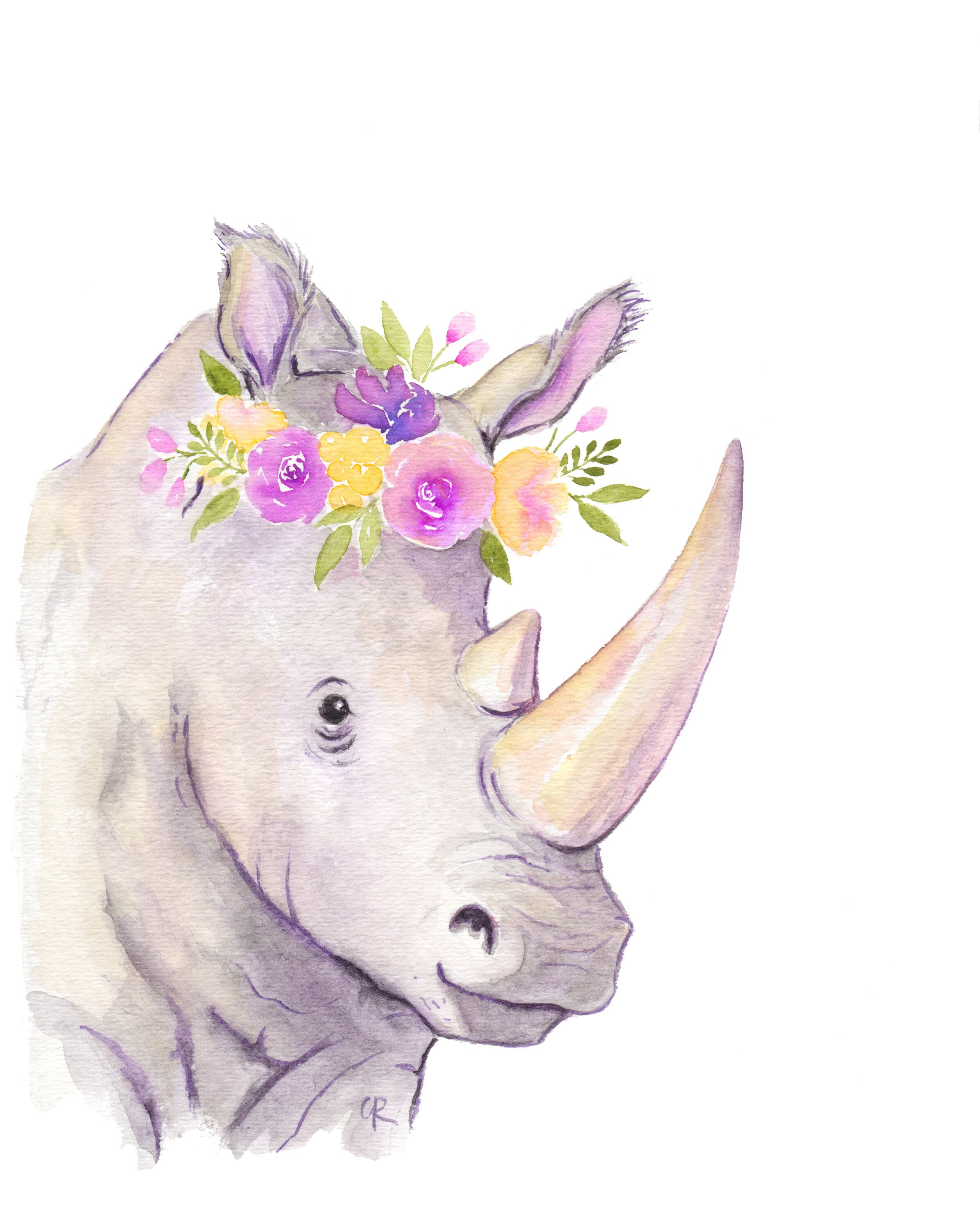 Rhino Watercolor - Rhino Nursery - Safari Nursery Art - Flower Crown ...