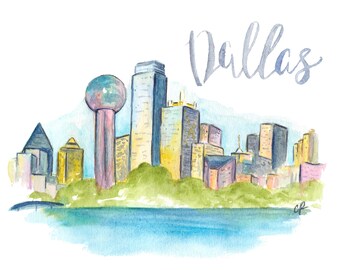 Dallas Skyline Watercolor | Etsy