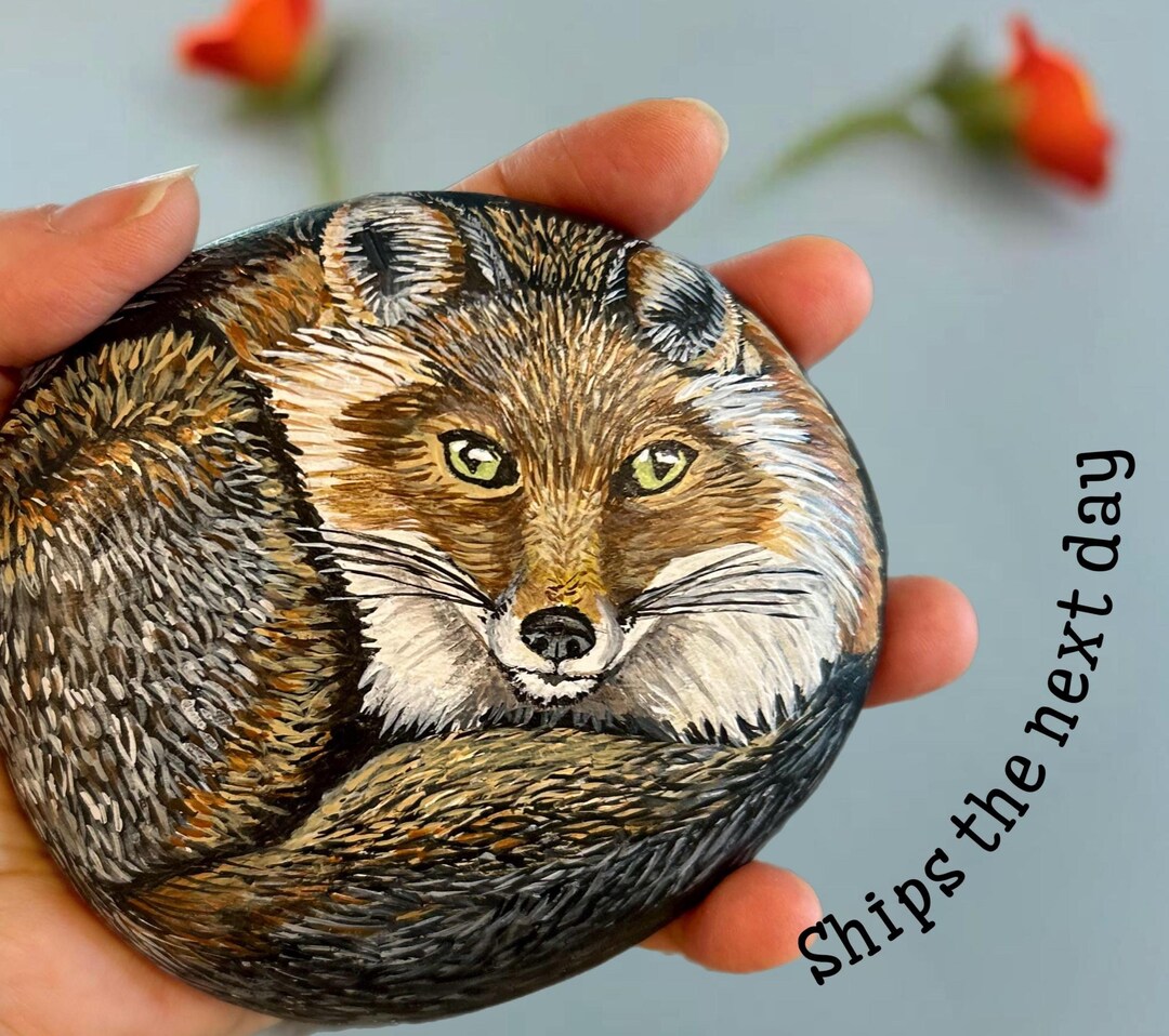 Fox Painted Rock, in Stock Ready to Ship, 4 Round, Gray Fox Painted on ...