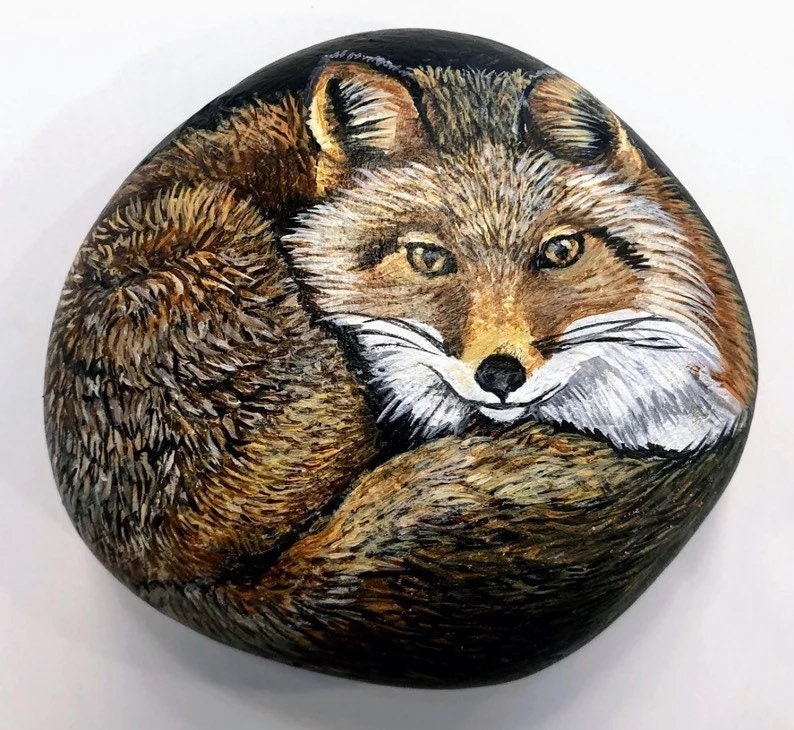 Gray Fox Painted Rock, Wildlife Stone, Fox Painted on Rock, Wildlife ...