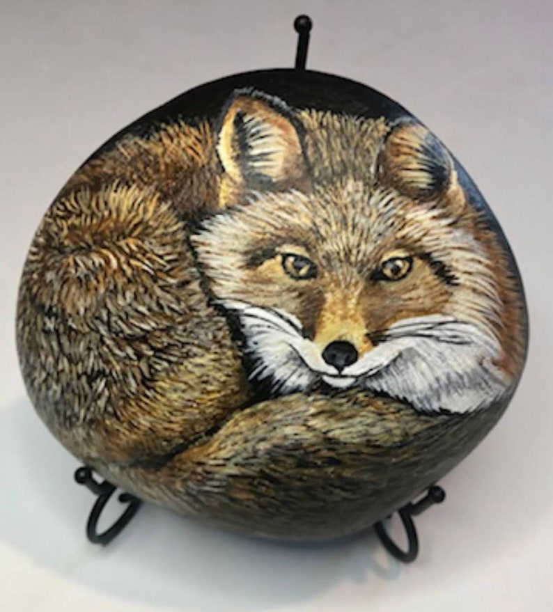Gray Fox Painted Rock, Wildlife Stone, Fox Painted on Rock, Wildlife ...