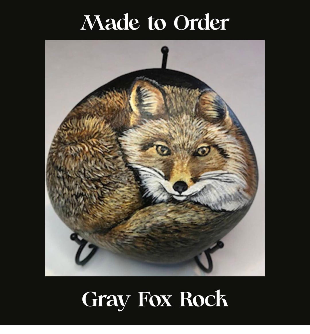 Gray Fox Painted Rock, Wildlife Stone, Fox Painted on Rock, Wildlife ...