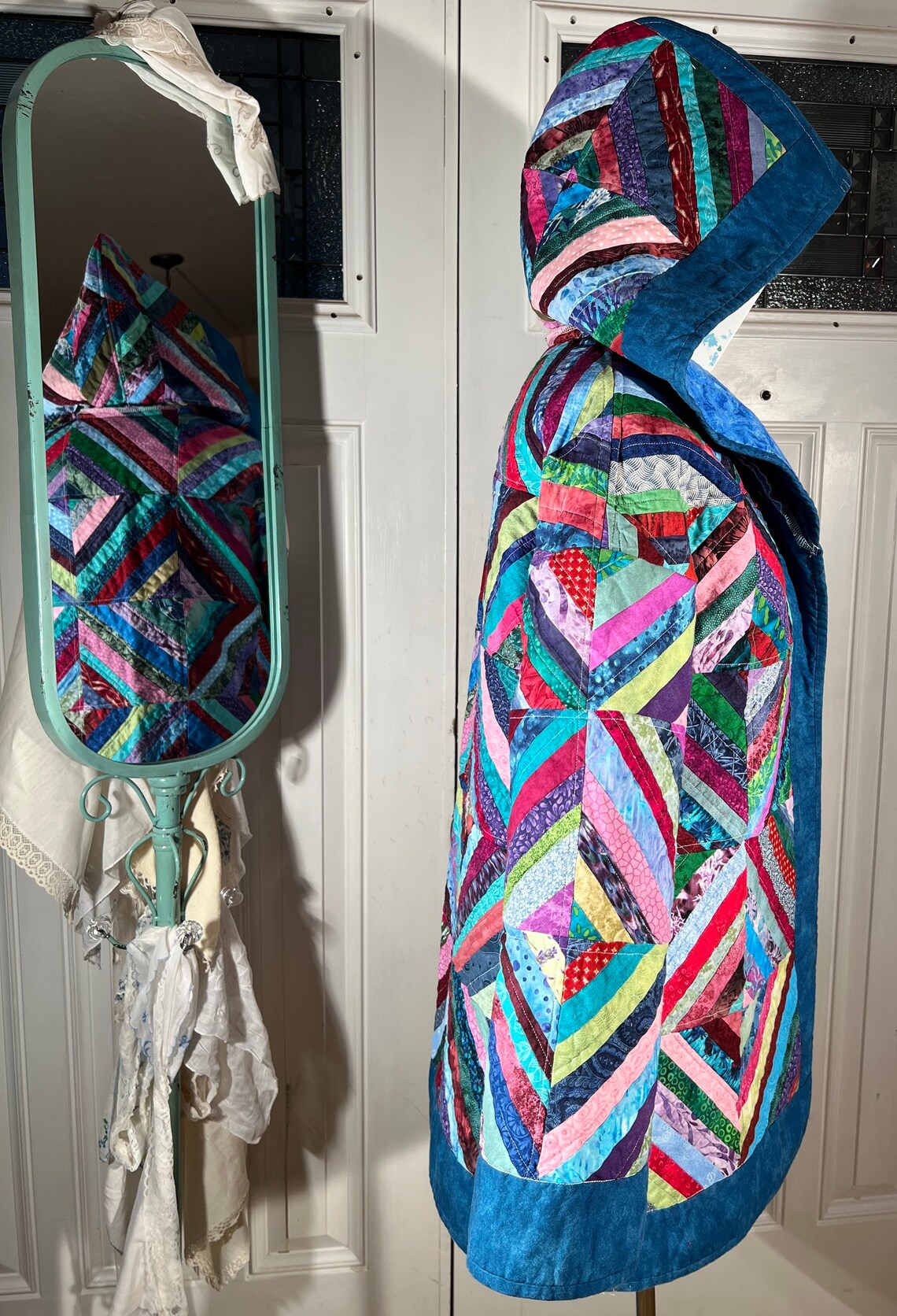 Small ‘log Cabin’ Patch Work Coat With Hood Upcycled From Vintage ...