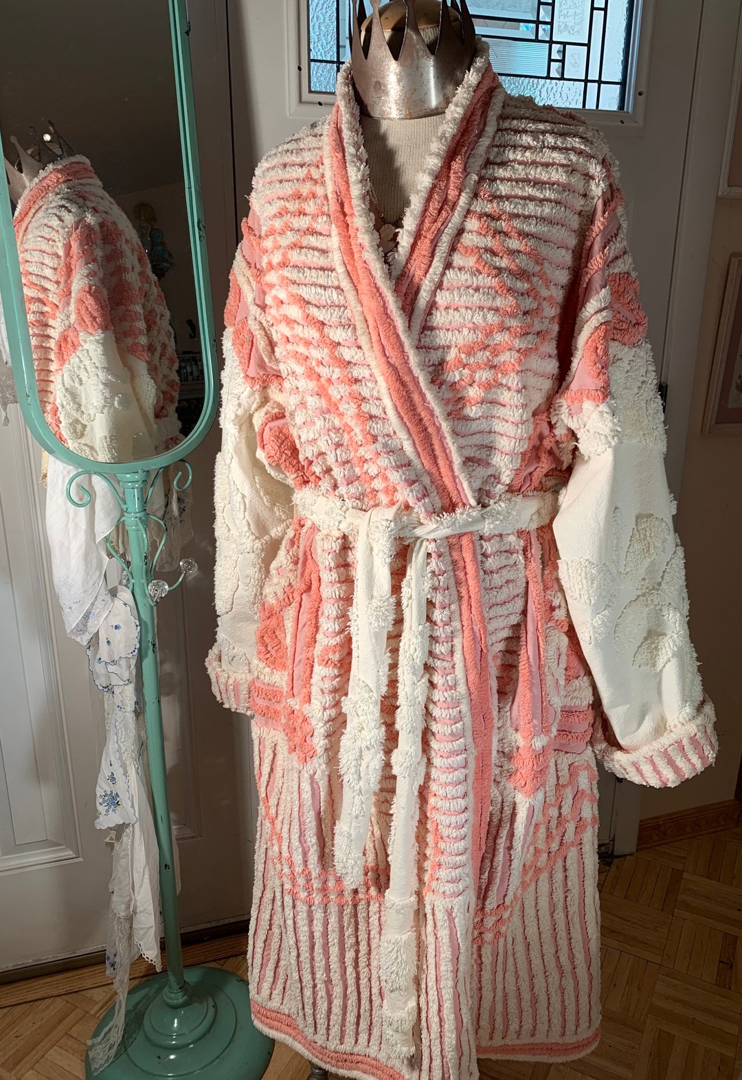 XL Heavy Plush “peaches and Whipped Cream” Chenille Bathrobe Upcycled ...