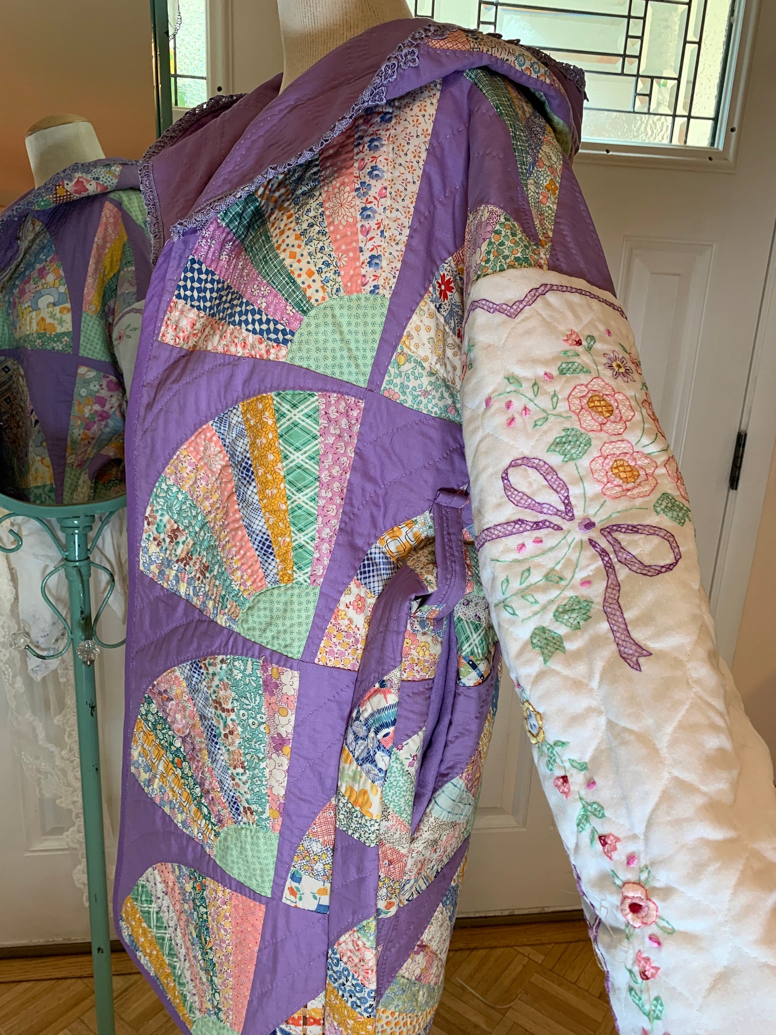 Large Antique Handmade Fan Quilt Upcycled Into Coat With Hood - Etsy