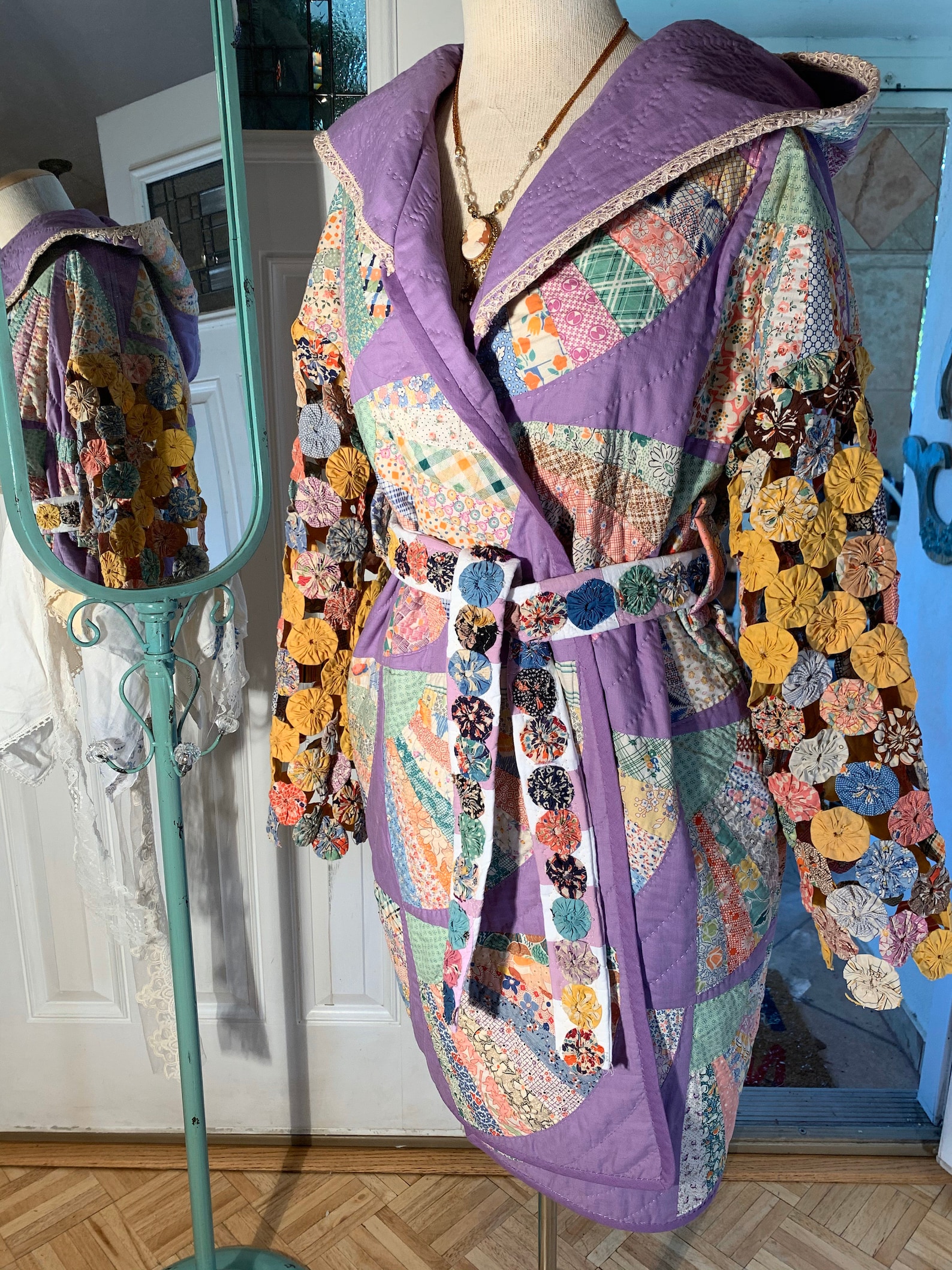 Medium Vintage Upcycled quilt coat with hood created from hand | Etsy