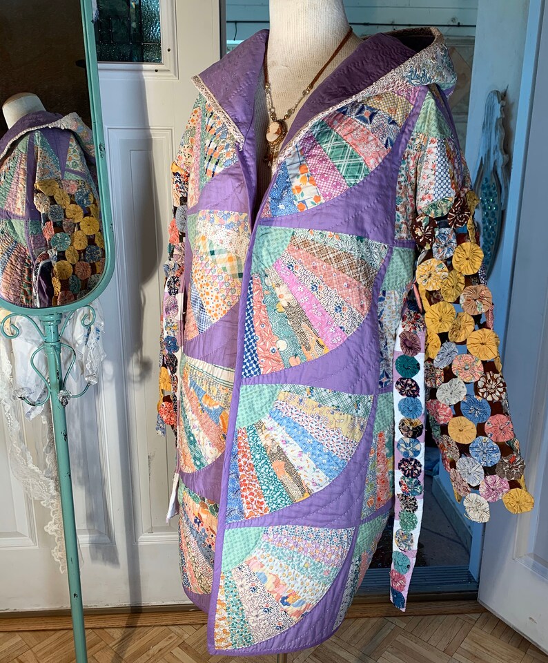 Medium Vintage Upcycled Quilt Coat With Hood Created From Hand | Etsy