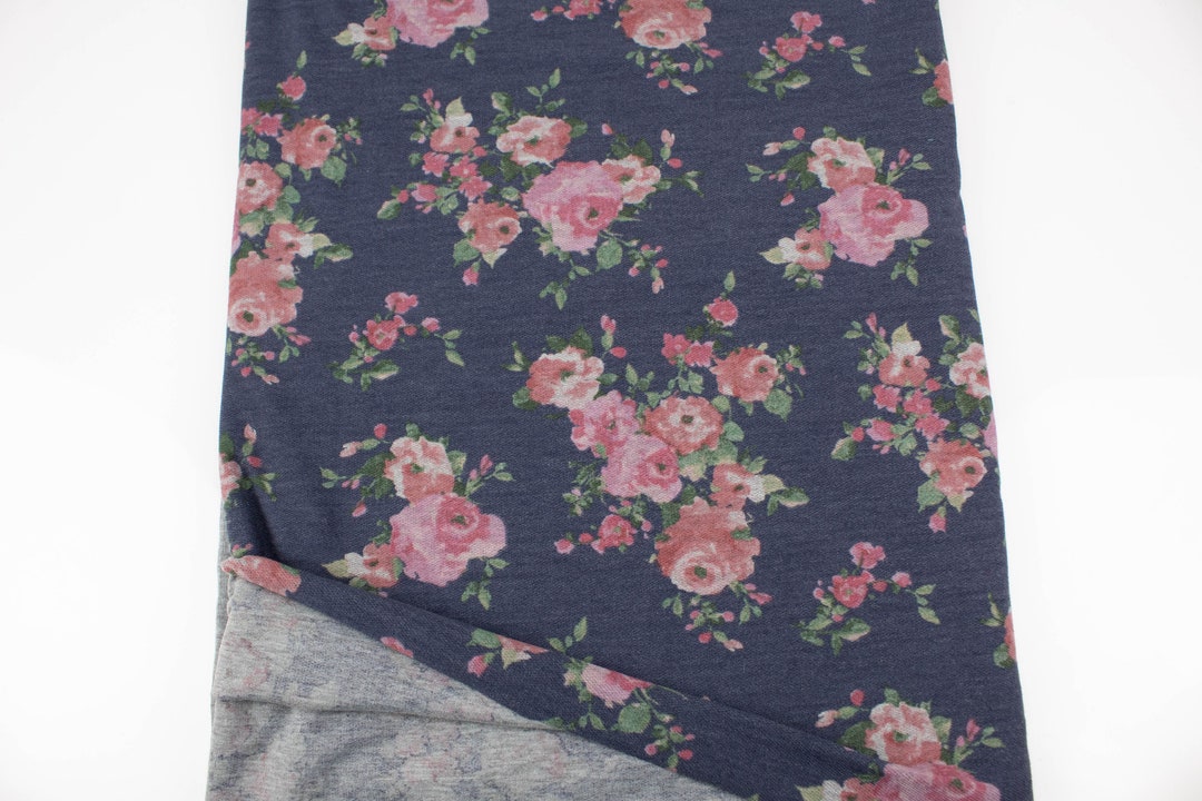 Floral Baby French Terry Knit Fabric: Heather Dark Blue, Blush Pink - 2 ...