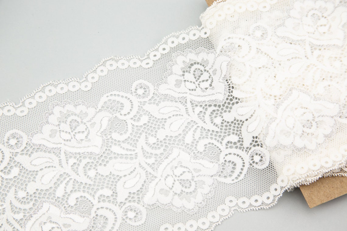 White and Silver Floral Wide Stretch Lace Trim 5-5/8 Inches | Etsy