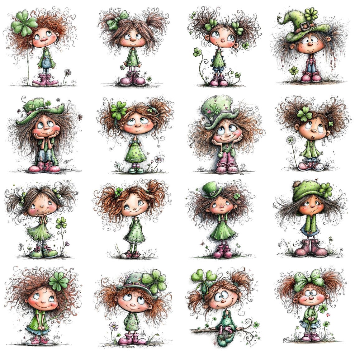 Whimsical St. Patricks Day Girl Clipart, Shamrock PNG Graphics (digital ...