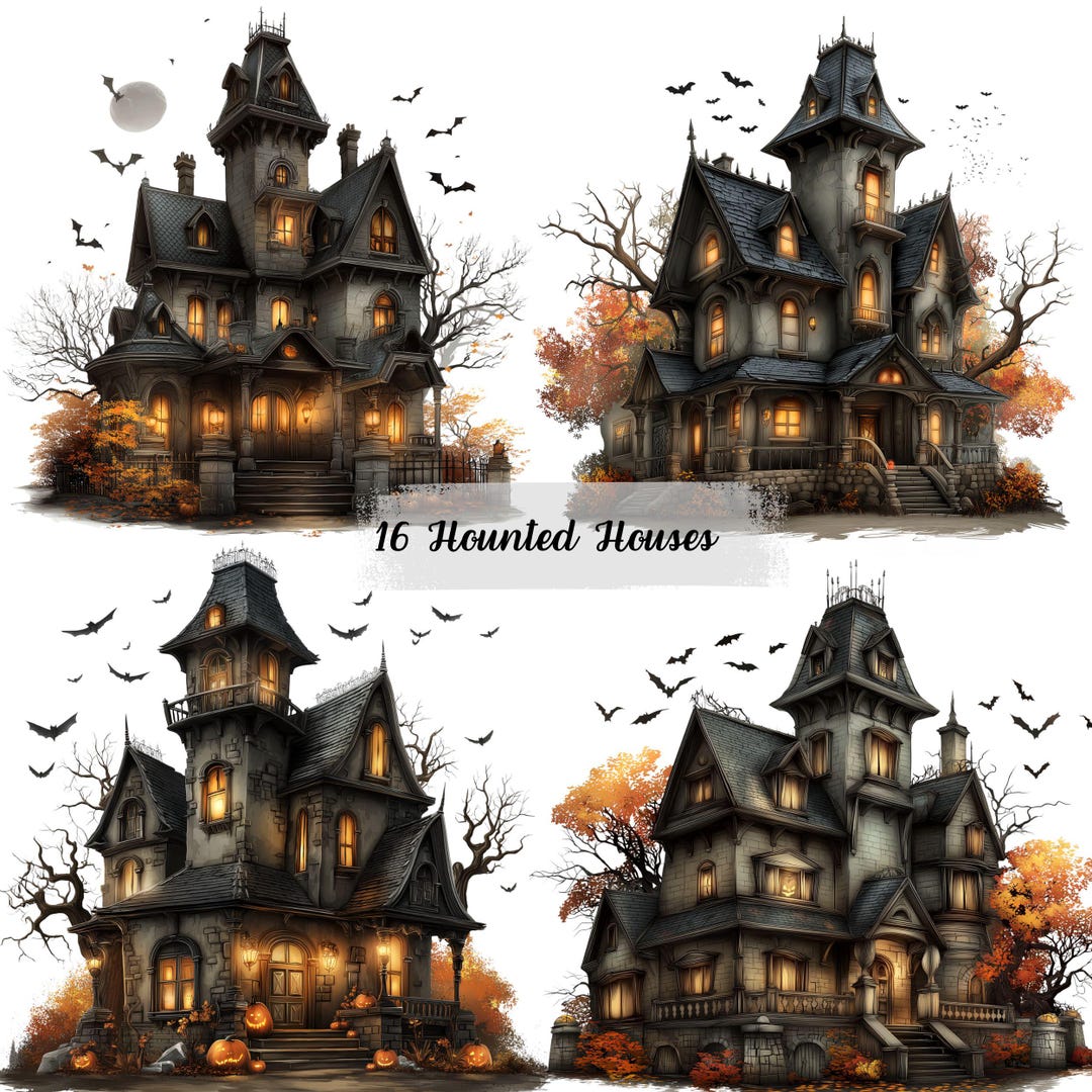 Spooky House Clipart Set - Haunted Autumn Scene With Bats - Etsy