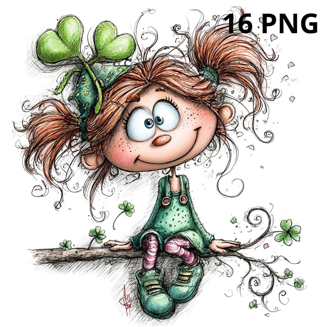 Whimsical St. Patricks Day Girl Clipart, Shamrock PNG Graphics (digital ...