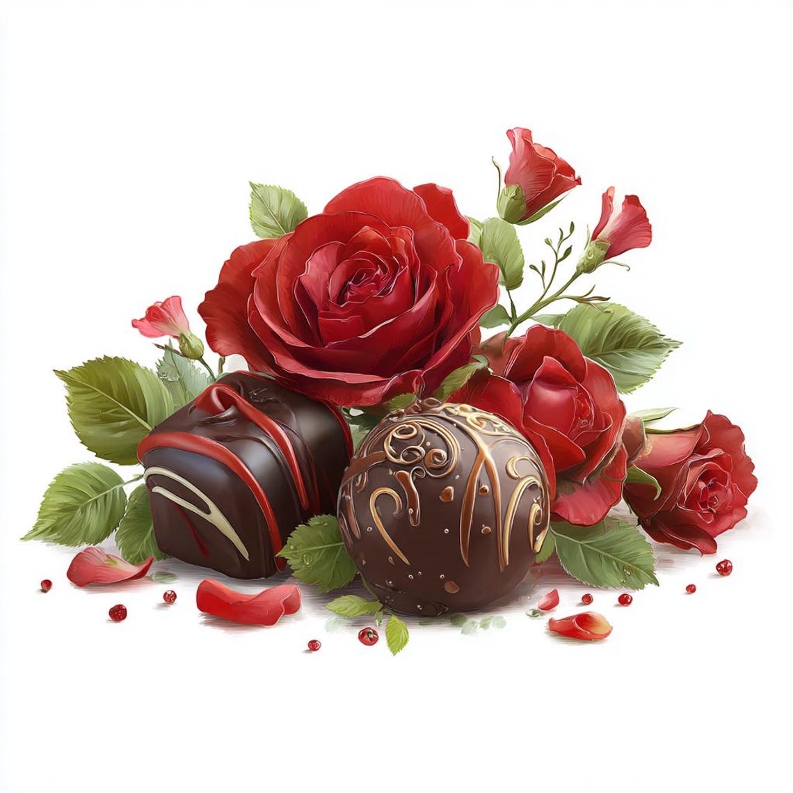 Red Roses & Chocolate Pralines Clipart Set – Whimsical Graphic Designs ...