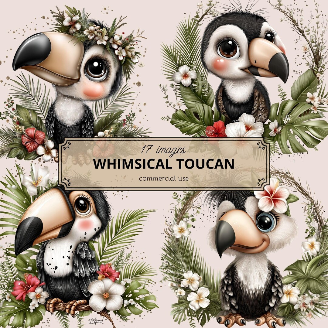 Whimsical Tucan Clipart Set With Jungle Greenery Frame - Etsy