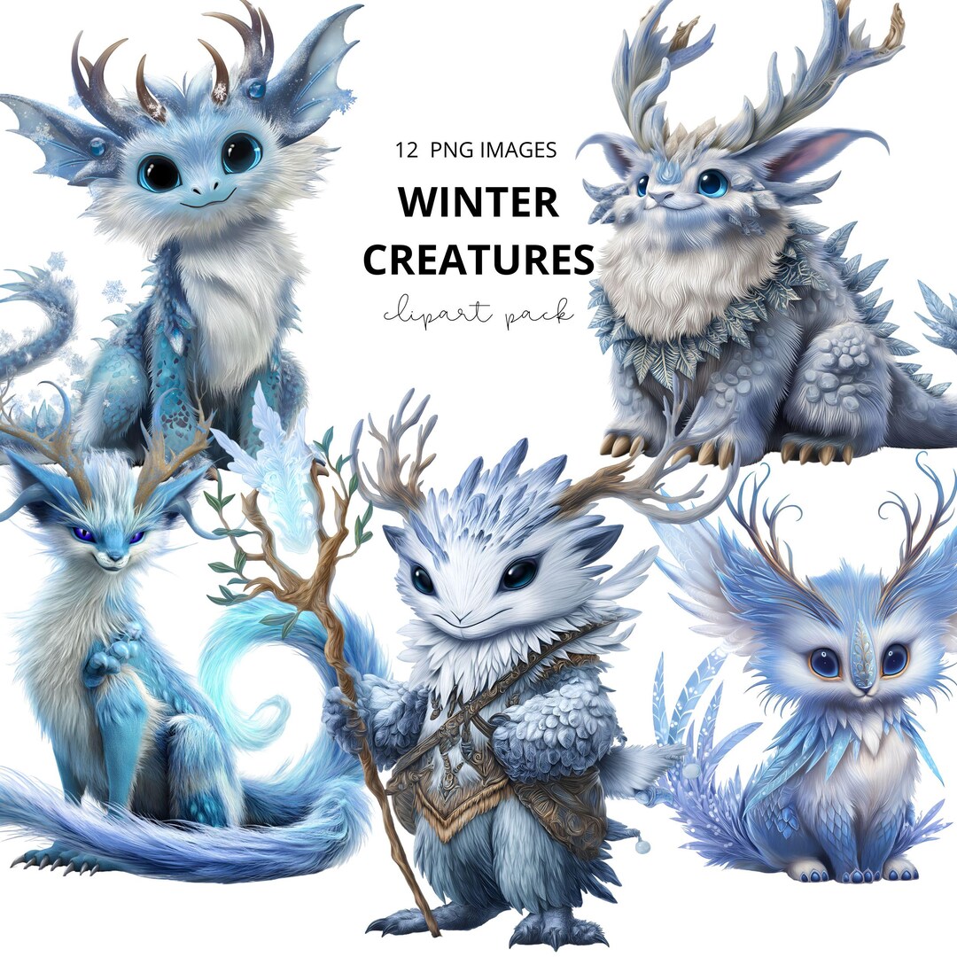 Fantasy Winter Creatures Clipart Set - Magical Winter Animals Graphics ...