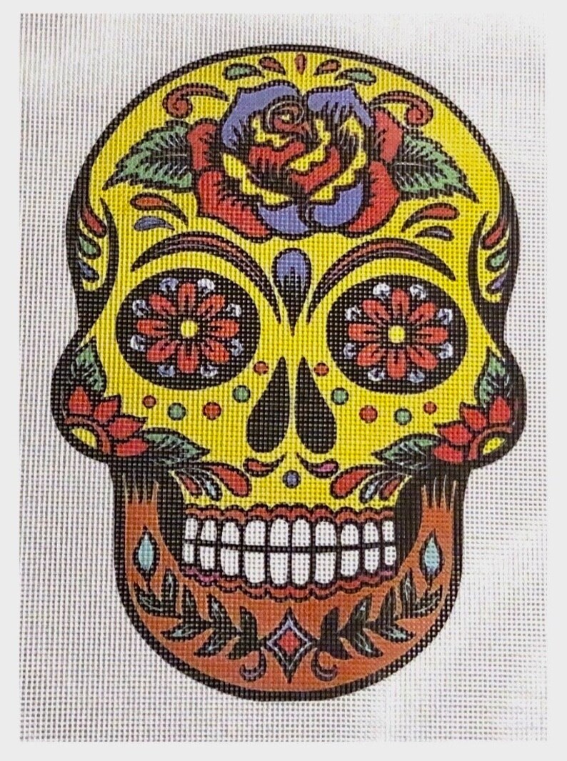 Needlepoint Canvas “cranium With Flowers- Solid Yellow and Copper ...