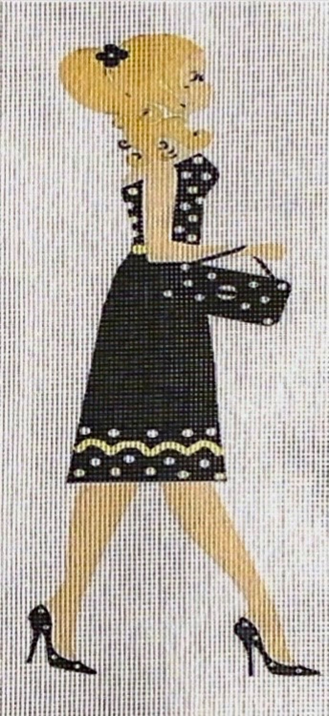 Needlepoint Canvas woman in Black and White Polka Dots Dress and High ...