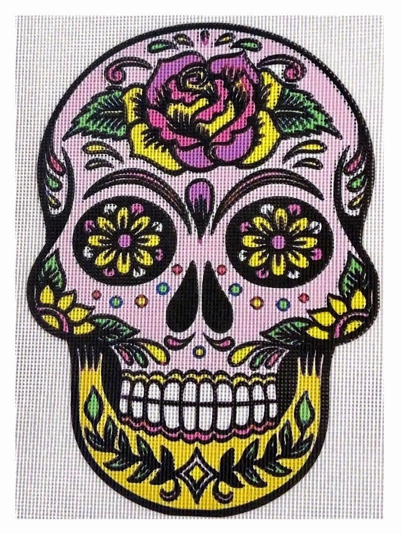 Needlepoint Canvas “cranium With Flowers- Solid Lavender and Yellow ...