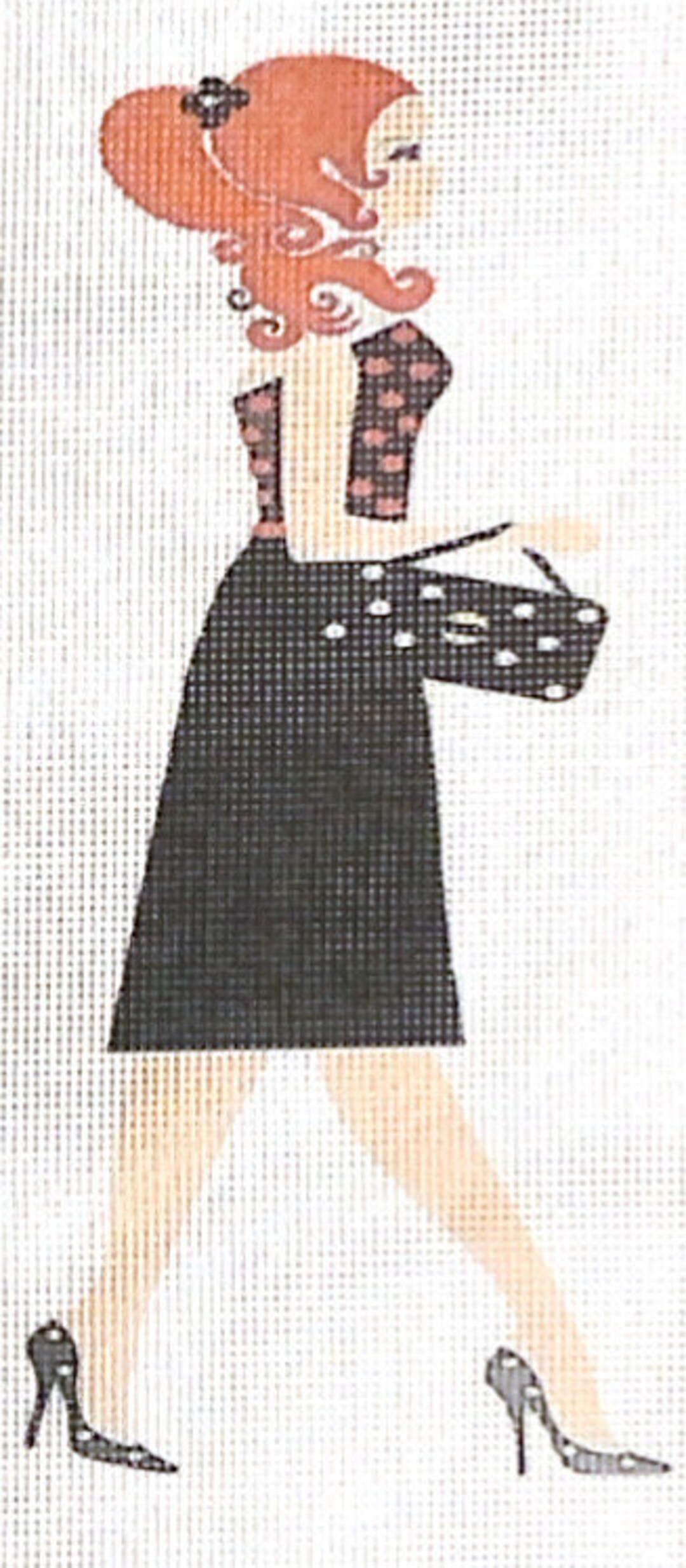 Needlepoint Canvas woman in Black and Red Polka Dots Dress and High ...
