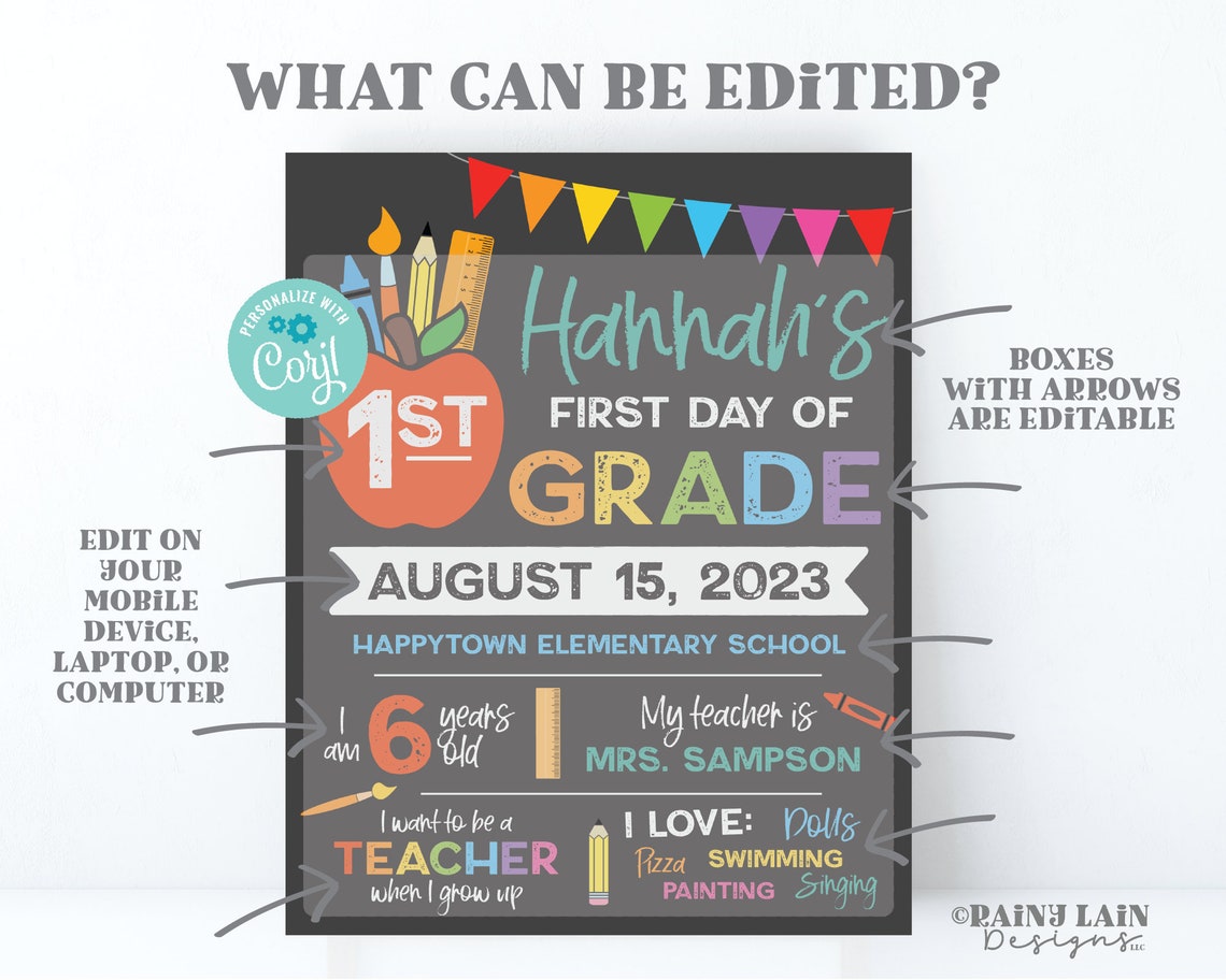 First Day of 1st Grade Editable Sign Template Back to School Preschool ...