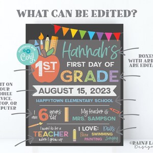 First Day of 1st Grade Editable Sign Template Back to School Preschool ...