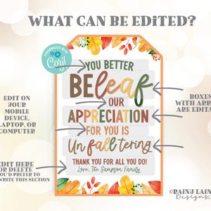 Editable Fall Gift Tag Template, Autumn Appreciation Favor, Beleaf ...