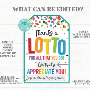 Thanks a Lotto for All You Do Tag Lottery Gift Tag Staff Teacher ...
