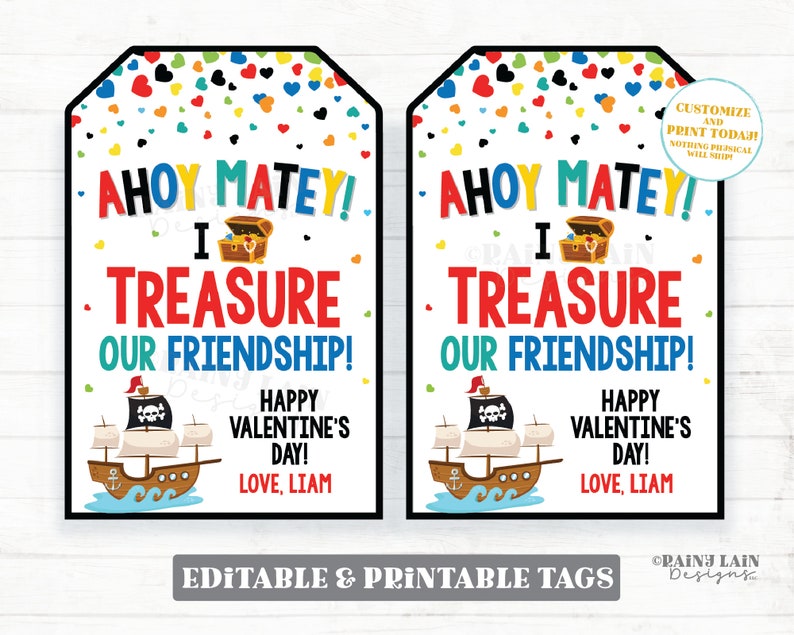 Ahoy Matey Valentine, Treasure Friendship, Editable Gift Tag, Classroom ...