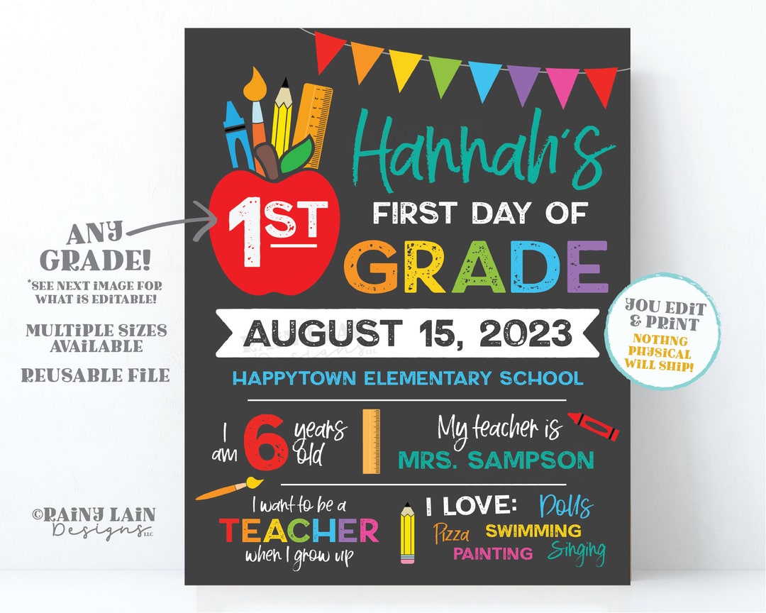 First Day of 1st Grade Editable Sign Template Back to School Preschool ...