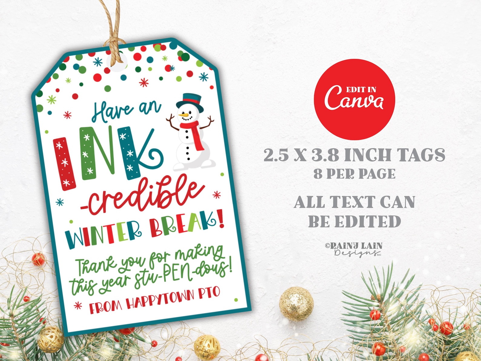 Teacher Gift Pen, Winter Break Classroom Gift Tag, Editable in Canva - Etsy