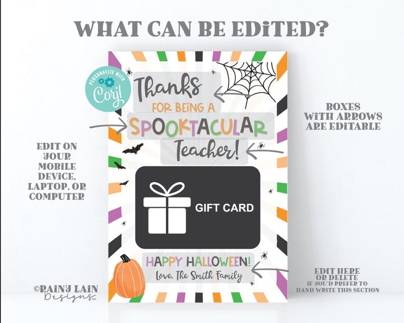 Editable Halloween Printable Gift Card Holder for Teacher, Thank You ...