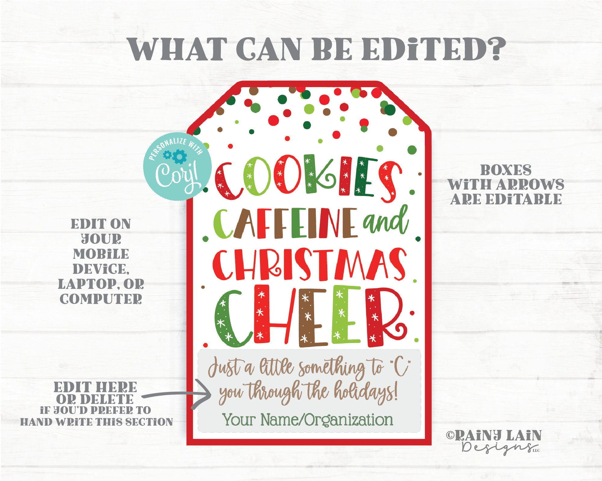 Cookies Caffeine and Christmas Cheer Tag, Editable Printable Digital ...