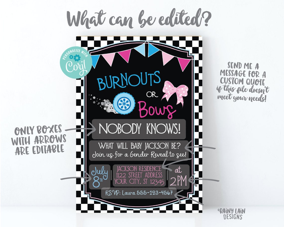 Burnouts Or Bows Gender Reveal Invitation Car Gender Reveal Etsy