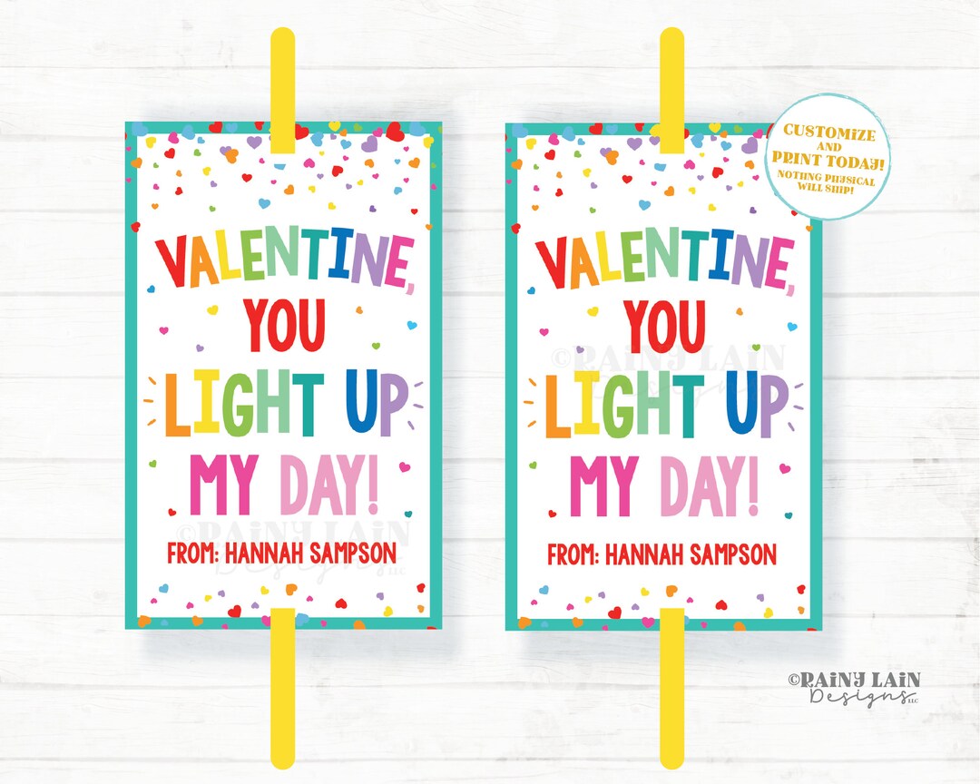 You Light up My Day Valentine Tag, Valentine's Day Glow Stick Tag ...