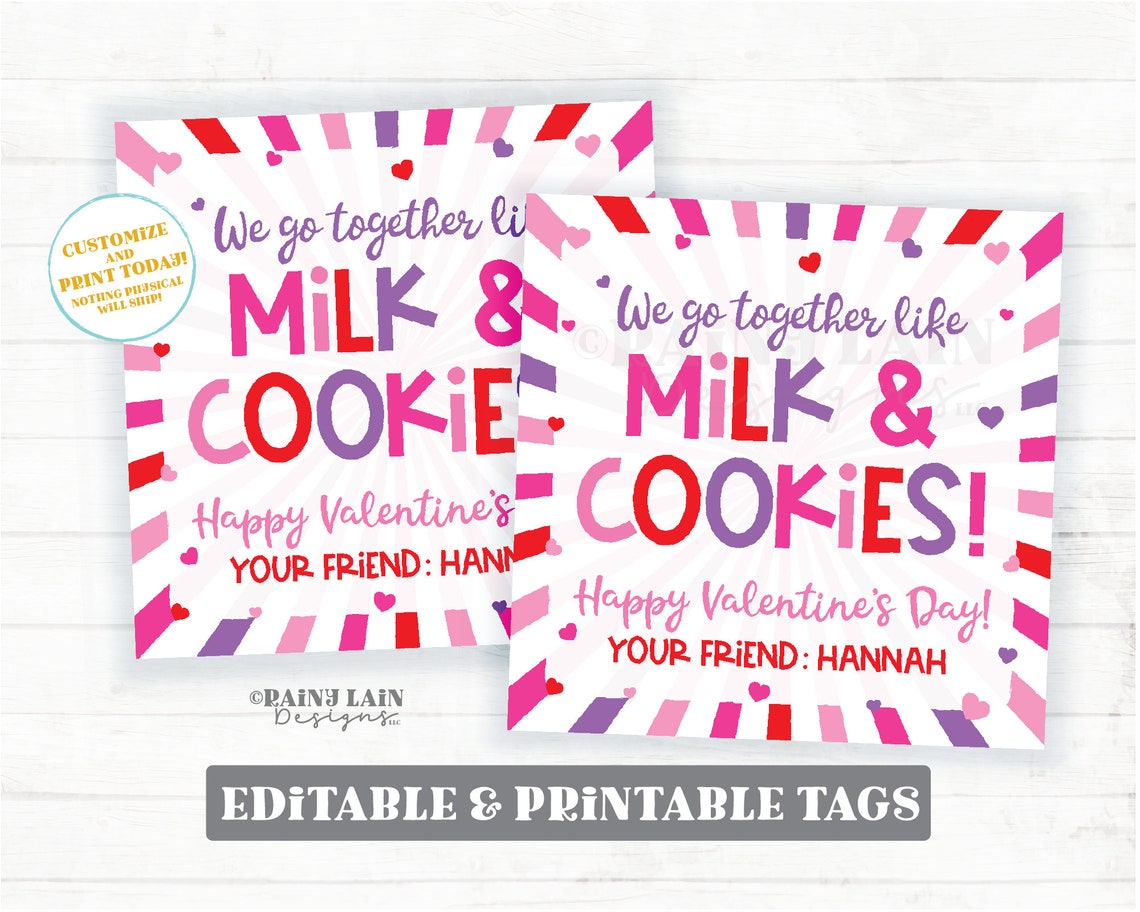 We Go Together Like Milk and Cookies Valentine's Day Tag - Etsy