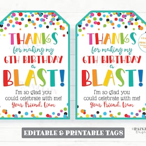 Thanks for Making My Birthday a Blast Tag, Birthday Party Favor, Water ...
