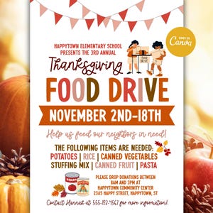Thanksgiving Food Drive Flyer, Fundraiser Canva Template, Editable ...