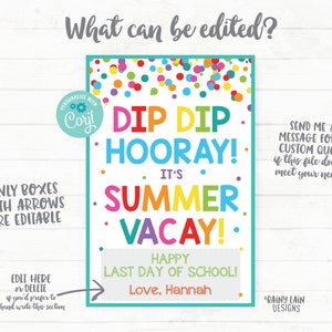 Dip Dip Hooray It's Summer Vacay End of School Year Gift Tags Preschool ...