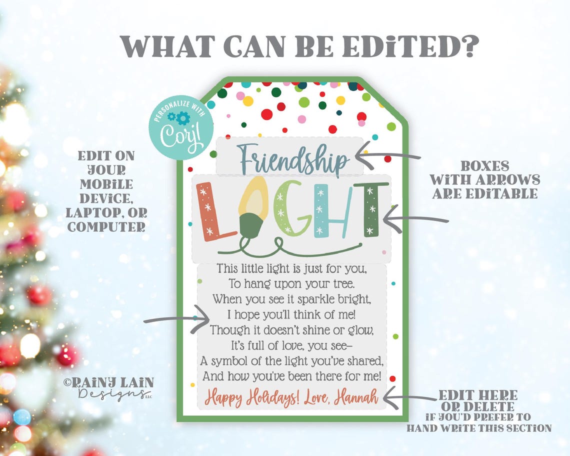 Editable Friendship Light Gift Tag, Christmas Ornament, Printable Light ...