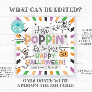 Editable Pop Halloween Tag, Just Poppin By, Classroom Halloween Gift ...