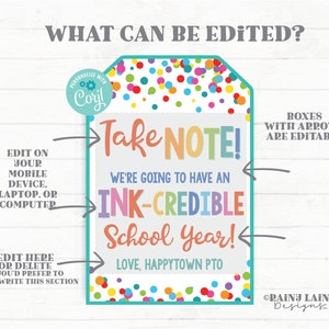 Take Note Ink-credible School Year Tag Notebook Editable First Day of ...