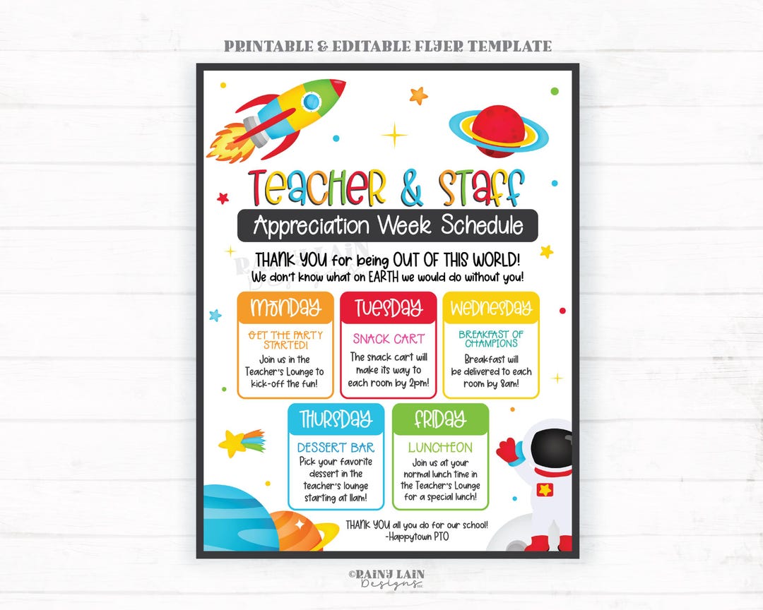 Outer Space Teacher Appreciation Week Schedule, Space Theme Editable ...