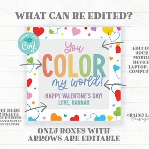Coloring Book Valentine, You Color My World Gift Tag, Crayons Markers ...