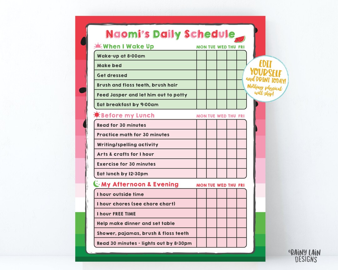 Home School Schedule Editable Kids Schedule Summer Watermelon Printable ...