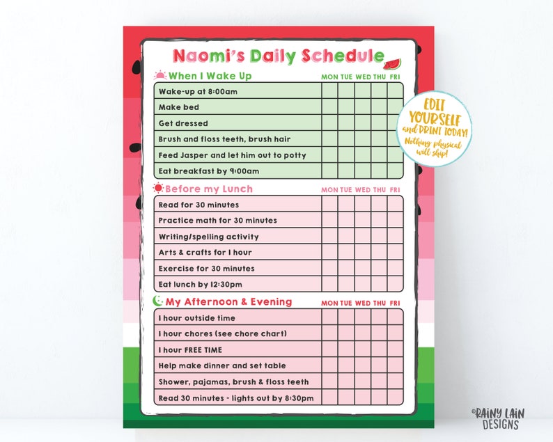 Home School Schedule Editable Kids Schedule Summer Watermelon - Etsy